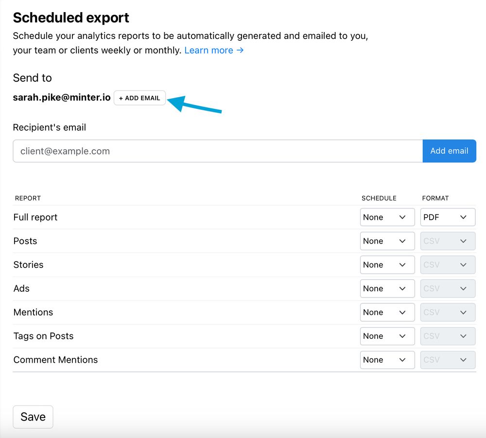 How to export and schedule exports for social media metrics - Minter.io ...